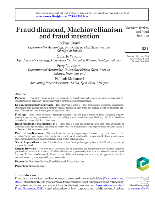 (PDF) Fraud diamond, Machiavellianism and fraud intention