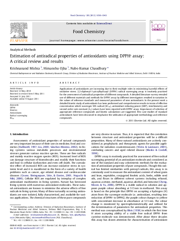 (PDF) Estimation of antiradical properties of antioxidants using DPPH ...