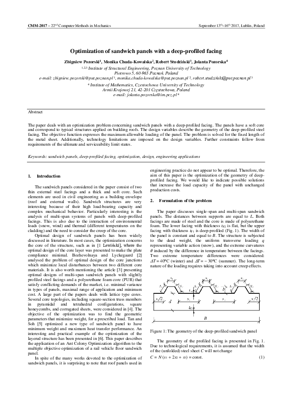 (PDF) Optimization of sandwich panels with a deep-profiled facing
