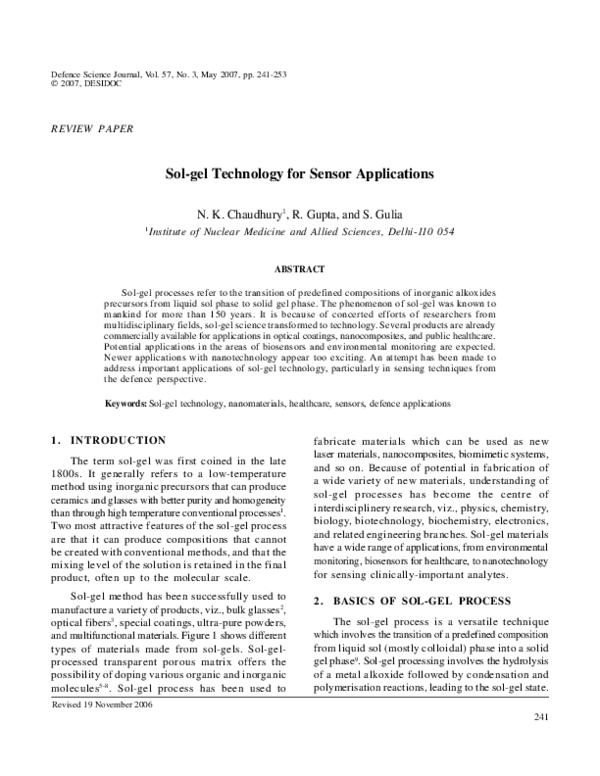 (PDF) Sol-gel Technology for Sensor Applications
