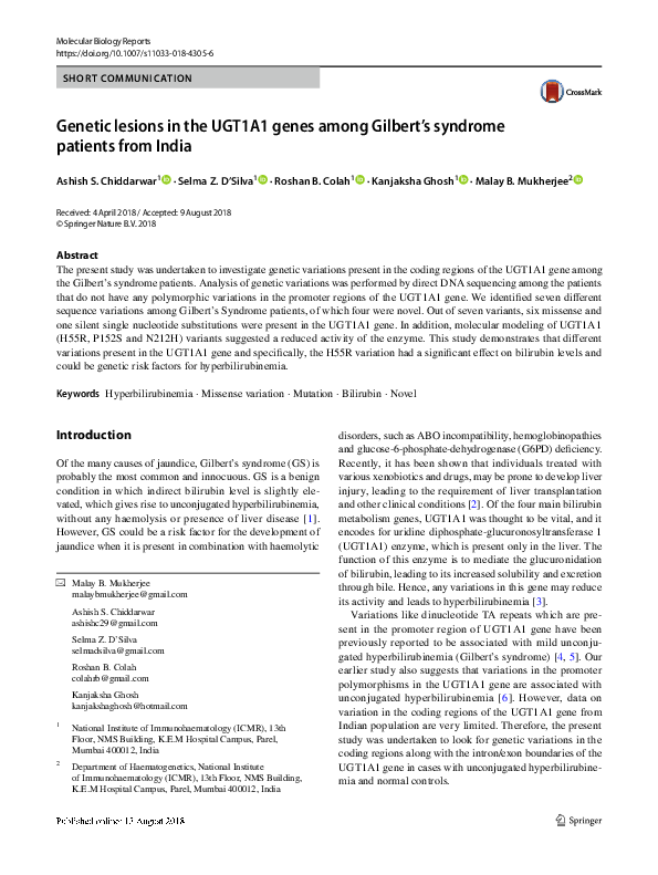 (PDF) Genetic lesions in the UGT1A1 genes among Gilbert’s syndrome ...