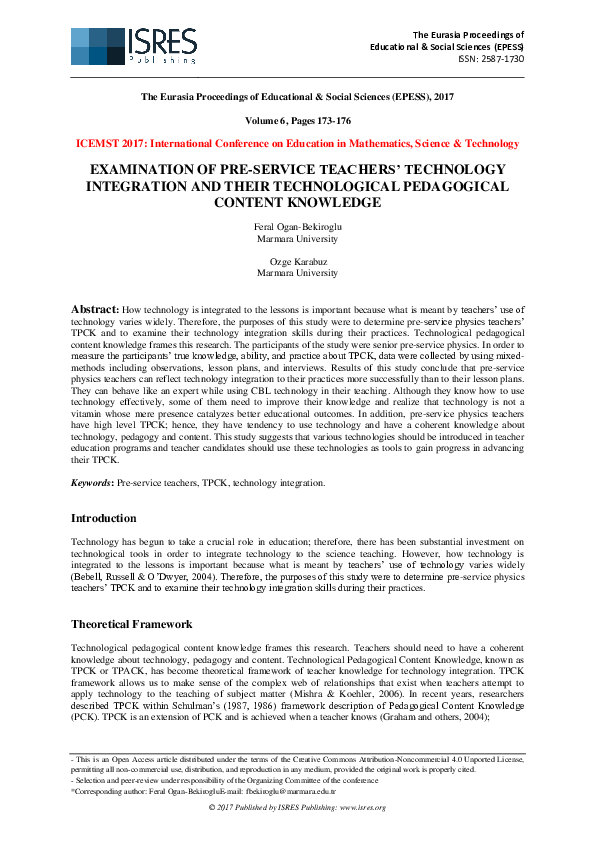 (PDF) Examination of Pre-Service Teachers’ Technology Integration and Their Technological ...