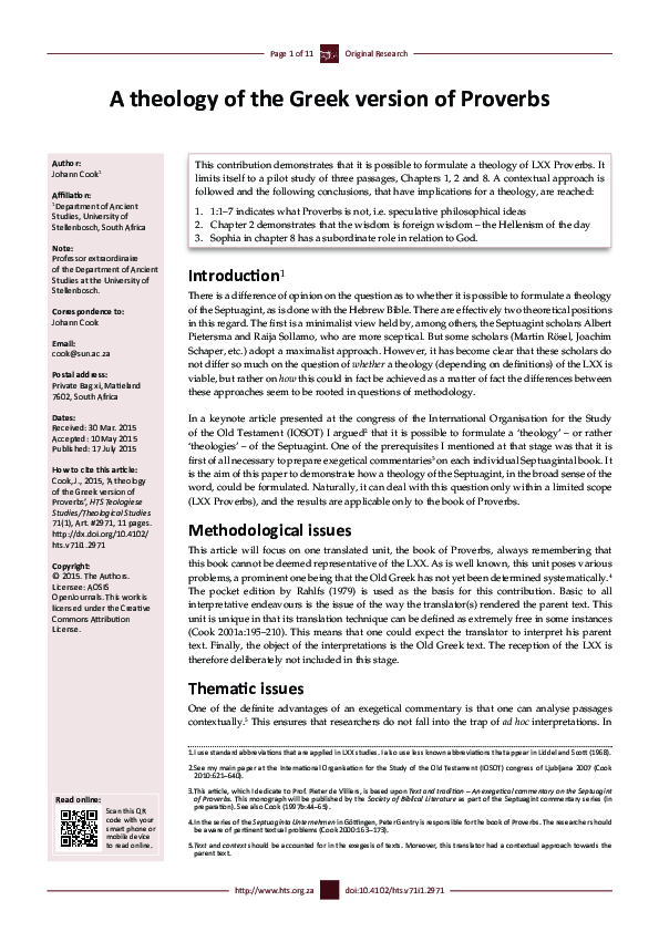 (PDF) A theology of the Greek version of Proverbs