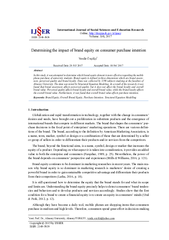(PDF) Determining the impact of brand equity on consumer purchase intention