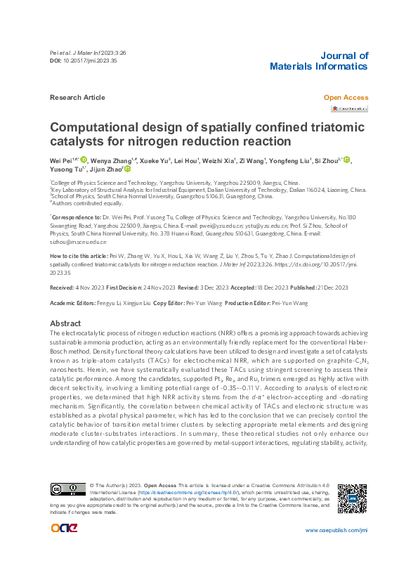 (PDF) Computational design of spatially confined triatomic catalysts for nitrogen reduction reaction