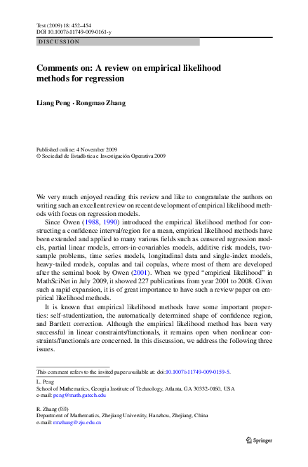 (PDF) Comments on: A review on empirical likelihood methods for regression