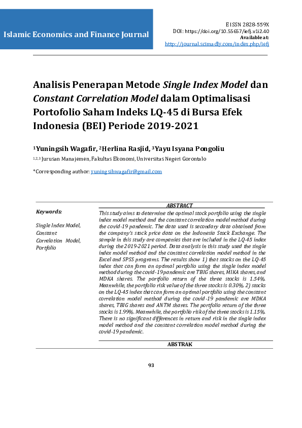 (PDF) Analisis Penerapan Metode Single Index Model dan Constant Correlation Model dalam ...