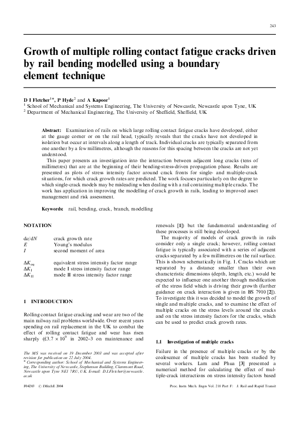(PDF) Growth of multiple rolling contact fatigue cracks driven by rail ...