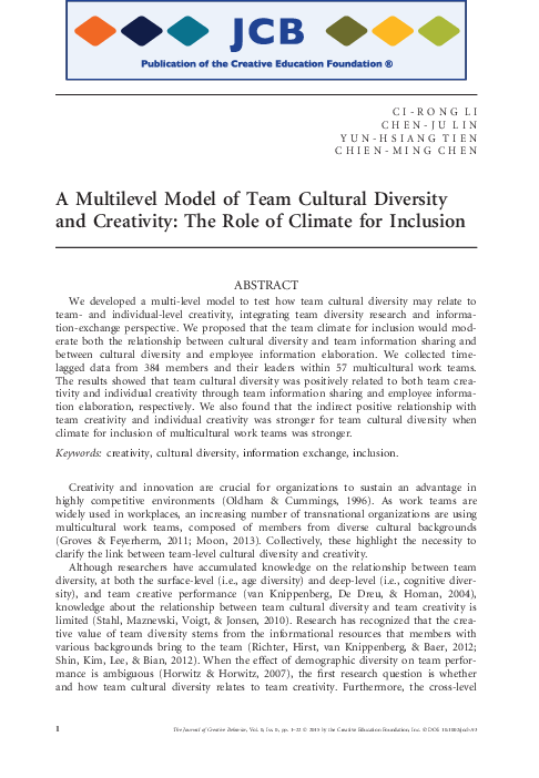 (PDF) A Multilevel Model of Team Cultural Diversity and Creativity: The ...
