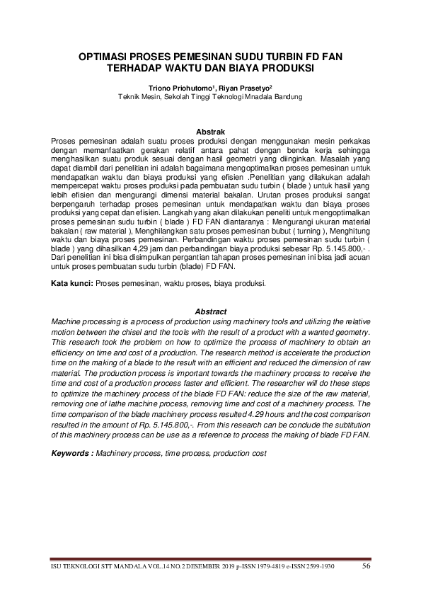 (PDF) Optimasi Proses Pemesinan Sudu Turbin FD Fan Terhadap Waktu Dan Biaya Produksi