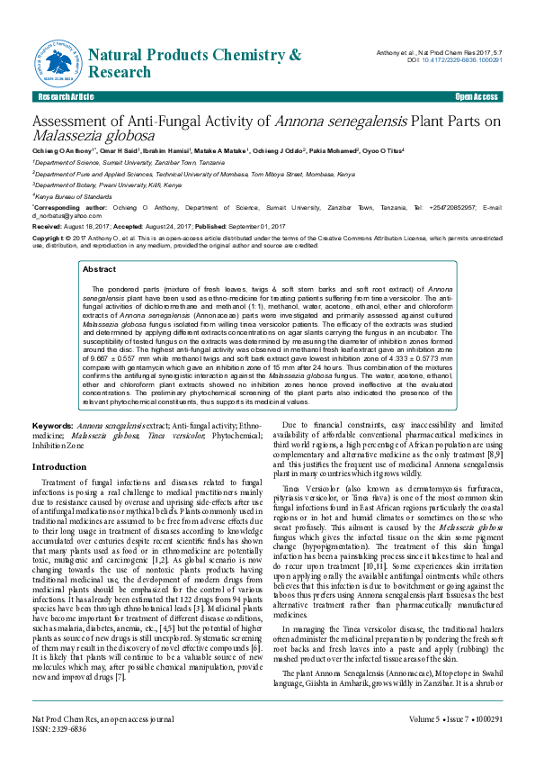 (PDF) Assessment of Anti-Fungal Activity of Annona senegalensis Plant Parts on Malassezia globosa