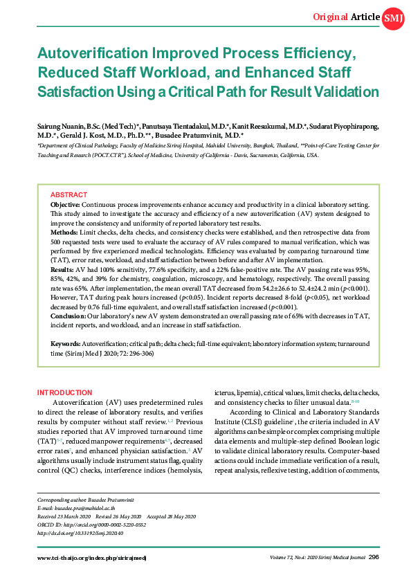 Pdf Autoverification Improved Process Efficiency Reduced Staff Workload And Enhanced Staff 3787