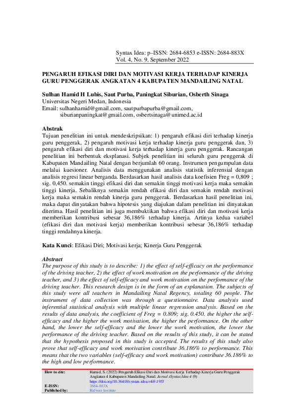 (PDF) Pengaruh Efikasi Diri Dan Motivasi Kerja Terhadap Kinerja Guru Penggerak Angkatan 4 ...