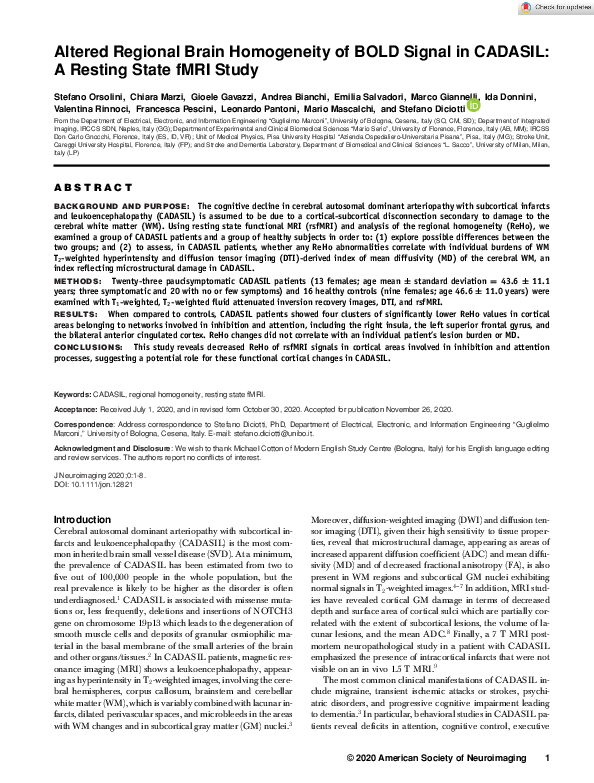 (PDF) Altered Regional Brain Homogeneity of BOLD Signal in CADASIL: A ...