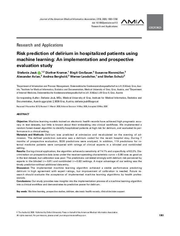 (PDF) Risk prediction of delirium in hospitalized patients using machine learning: An ...