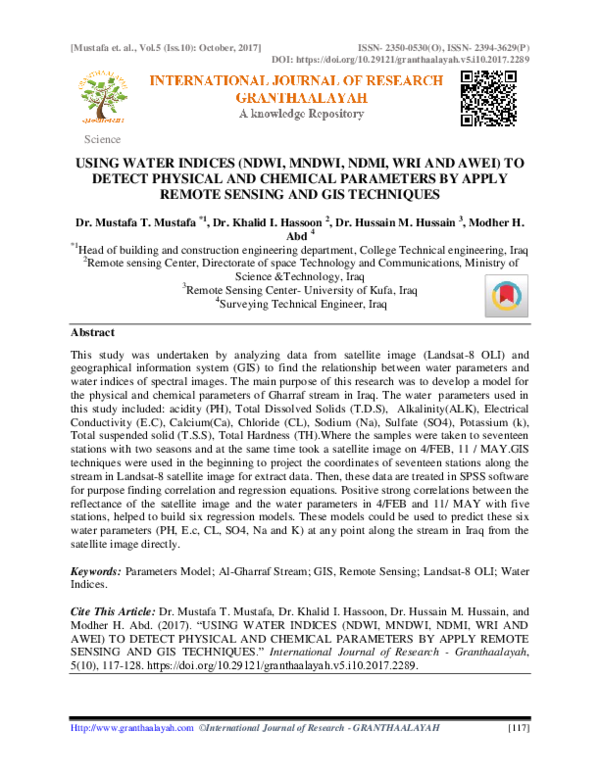 (PDF) Using Water Indices (Ndwi, Mndwi, Ndmi, Wri and Awei) to Detect ...