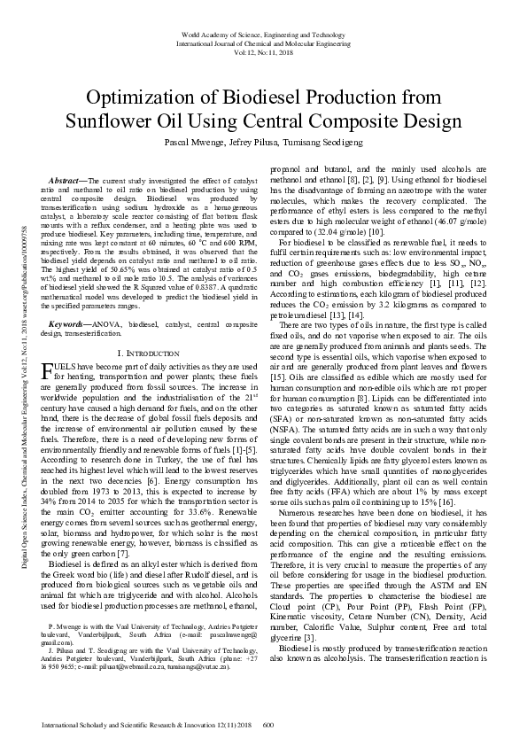 (PDF) Optimization of Biodiesel Production from Sunflower Oil Using Central Composite Design