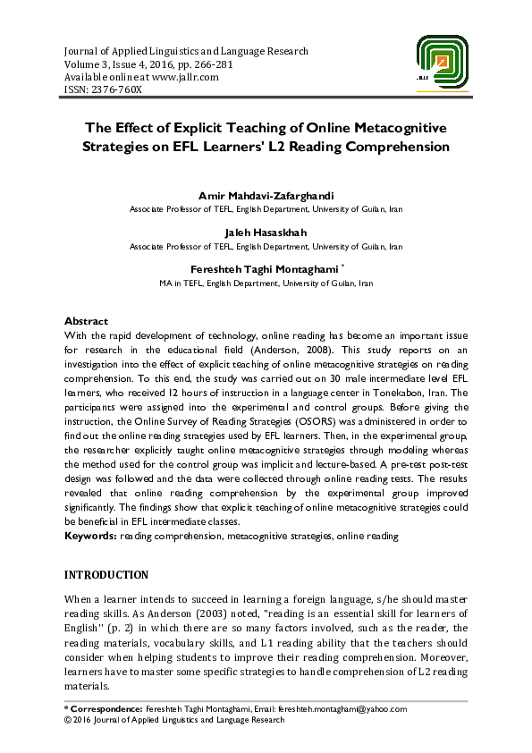(PDF) The Effect of Explicit Teaching of Online Metacognitive Strategies on EFL Learners' L2 ...