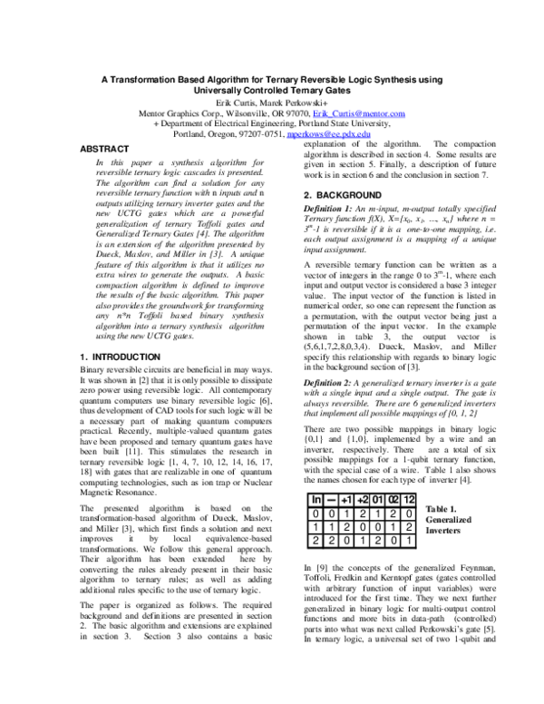 (PDF) A transformation based algorithm for ternary reversible logic synthesis using universally ...