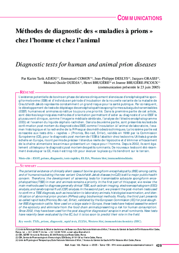 (PDF) Méthodes de diagnostic des « maladies à prions » chez l'homme et chez l'animal