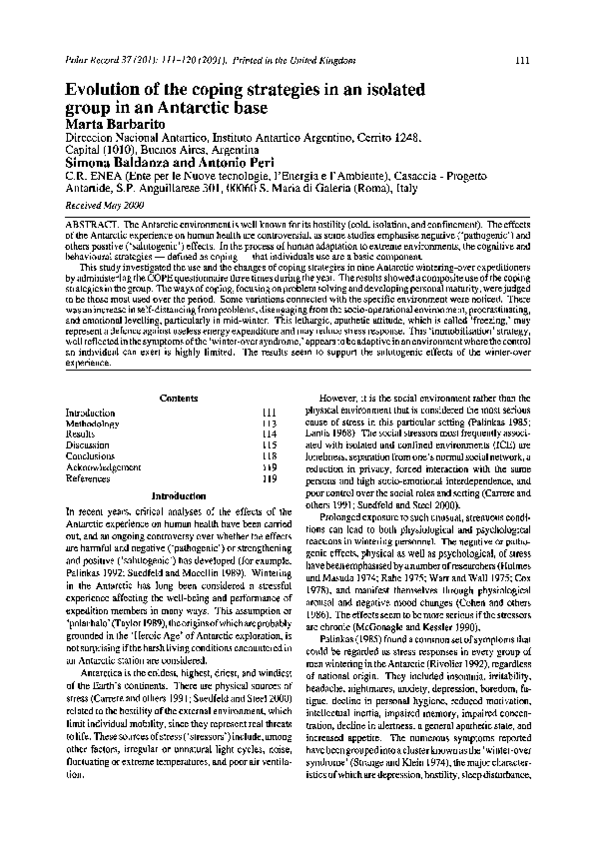 (PDF) Evolution of the coping strategies in an isolated group in an Antarctic base