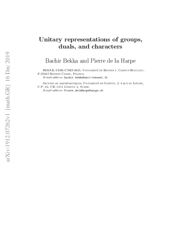 (PDF) Unitary Representations of Groups, Duals, and Characters