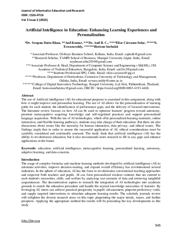 (PDF) Artificial Intelligence in Education: Enhancing Learning ...