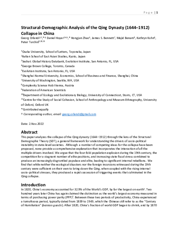 (PDF) Structural-Demographic Analysis of the Qing Dynasty (1644–1912 ...