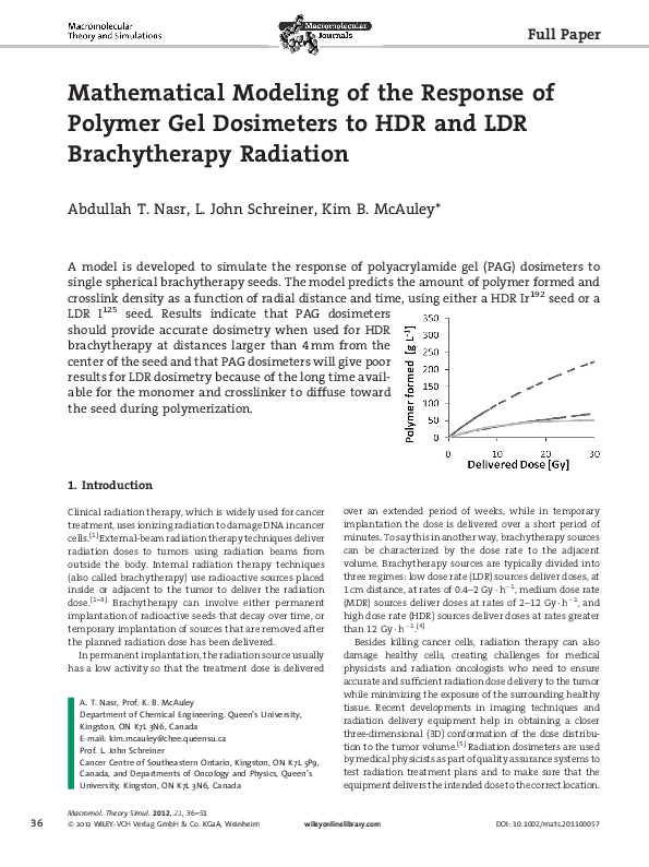 (PDF) Mathematical Modeling of the Response of Polymer Gel Dosimeters to HDR and LDR ...