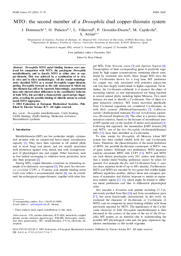 (PDF) MTO: the second member of aDrosophiladual copper-thionein system