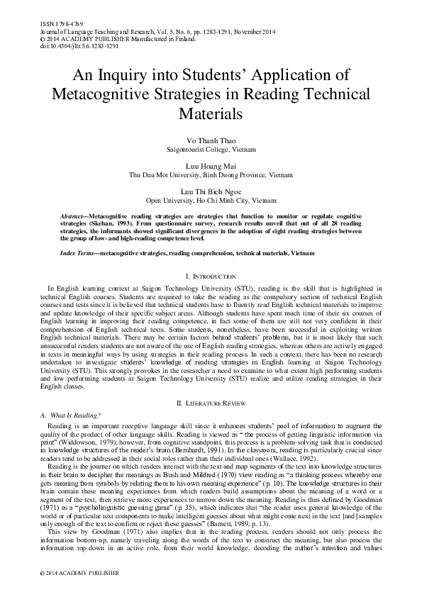 (PDF) Metacognitive Strategies in Technical Reading: A Comparative Study