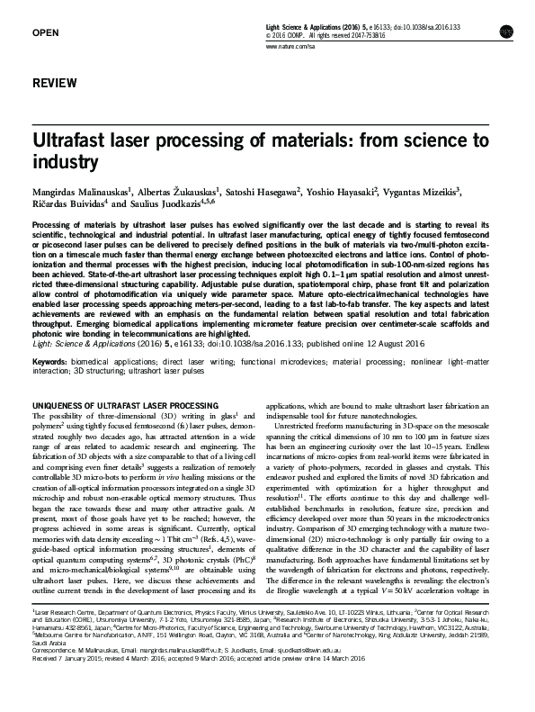 (PDF) Ultrafast laser processing of materials: from science to industry
