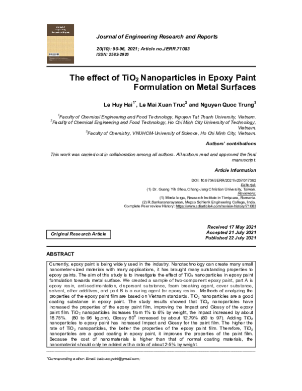 (PDF) The effect of TiO2 Nanoparticles in Epoxy Paint Formulation on ...