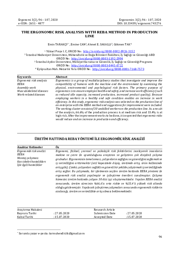 (PDF) The Ergonomic Risk Analysis with Reba Method in Production Line
