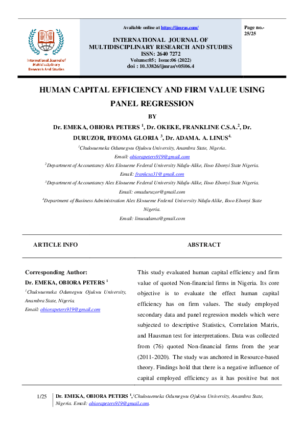 (PDF) Human Capital Efficiency and Firm Value Using Panel Regression