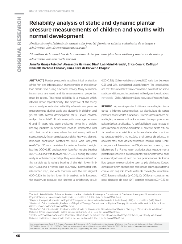 (PDF) Reliability analysis of static and dynamic plantar pressure ...