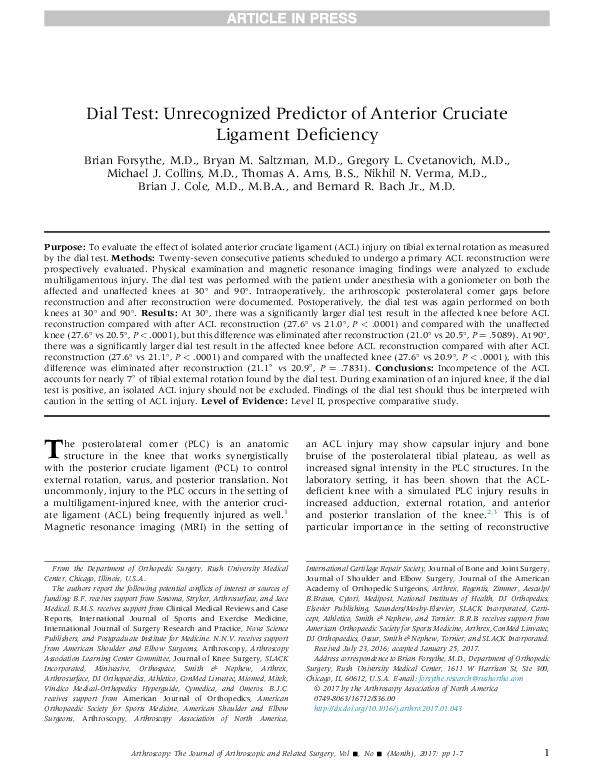 (PDF) Dial Test: Unrecognized Predictor of Anterior Cruciate Ligament ...