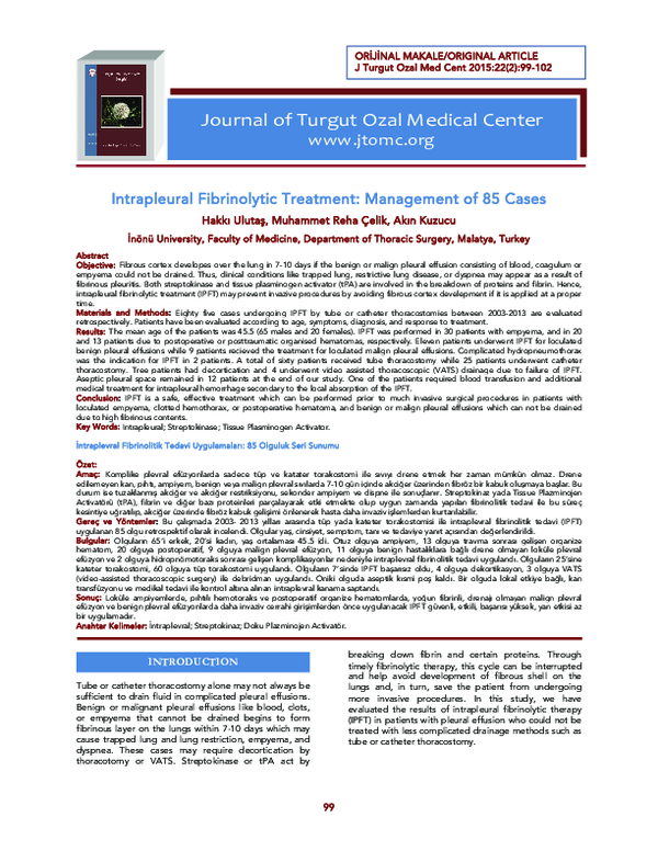 (PDF) Intrapleural Fibrinolytic Treatment: Management of 85 Cases