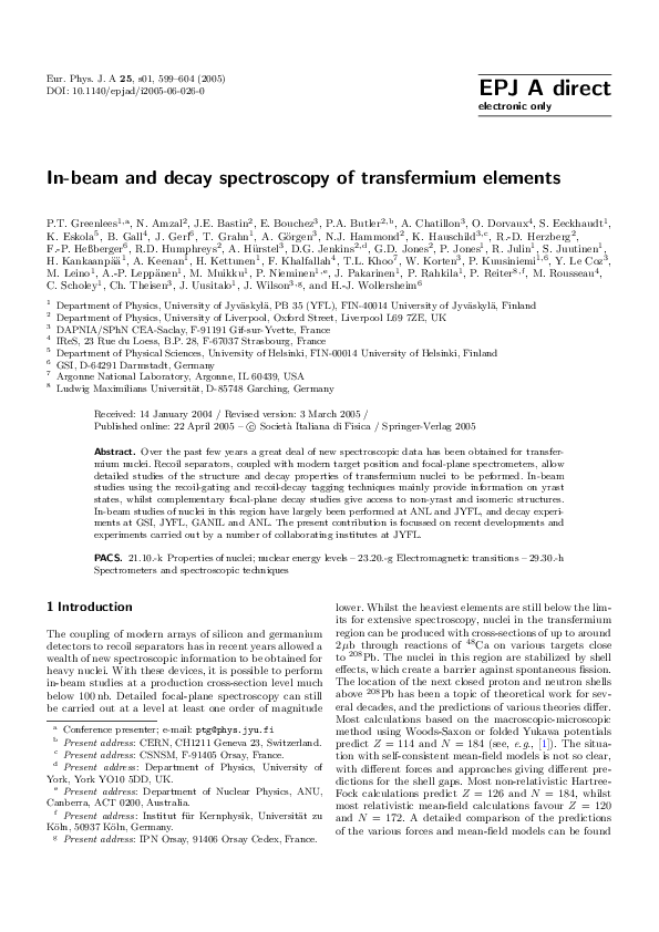 (PDF) In-beam and decay spectroscopy of transfermium elements