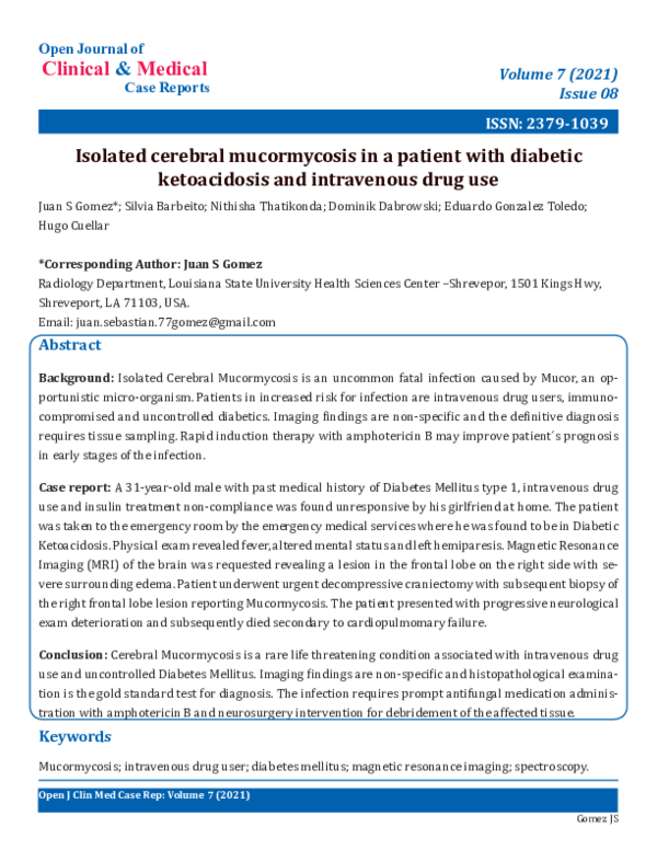 (PDF) Isolated cerebral mucormycosis in a patient with diabeticketoacidosis and intravenous drug use