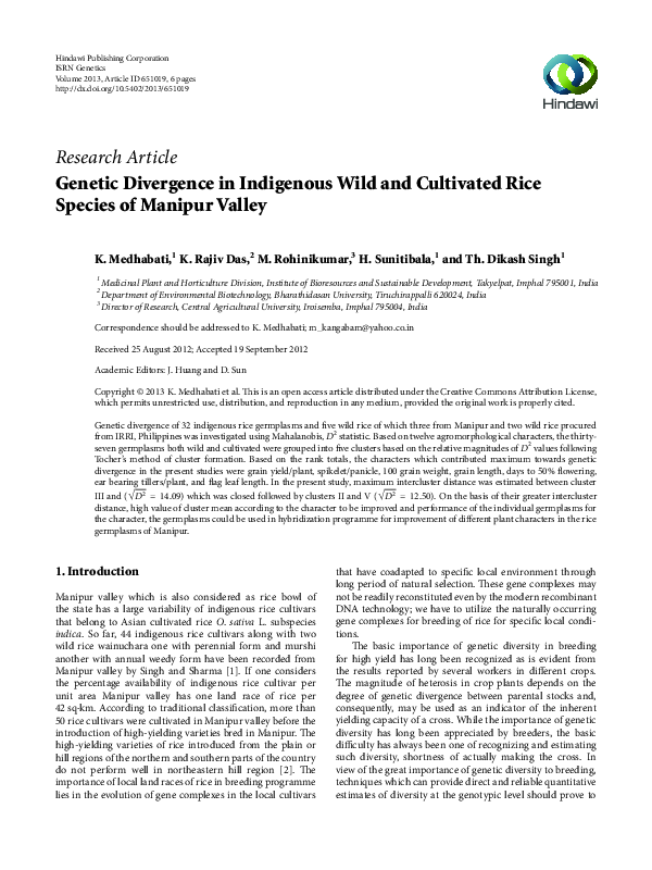 (PDF) Genetic Divergence in Indigenous Wild and Cultivated Rice Species ...