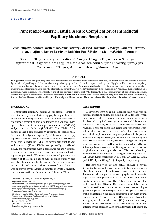 (PDF) Pancreatico-Gastric Fistula: A Rare Complication of Intraductal Papillary Mucinous Neoplasm