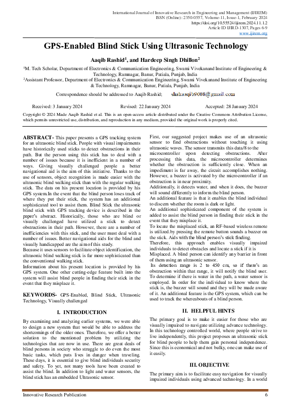 (PDF) GPS-Enabled Blind Stick Using Ultrasonic Technology
