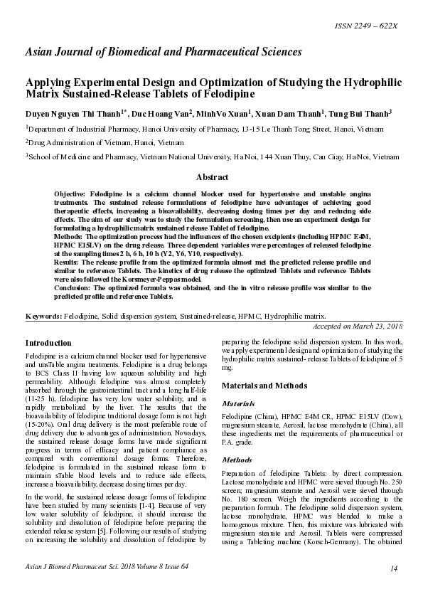 (PDF) Applying Experimental Design and Optimization of Studying the Hydrophilic Matrix Sustained ...