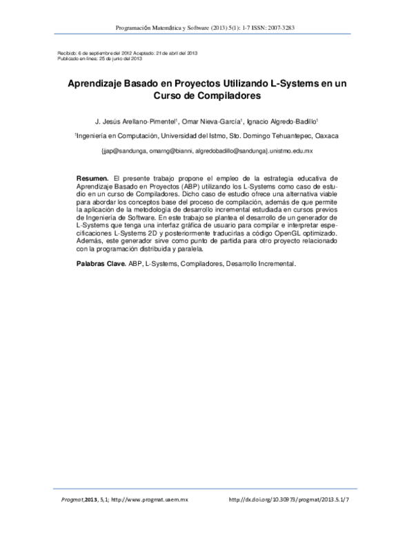 (PDF) Aprendizaje Basado en Proyectos Utilizando L-Systems en un Curso de Compiladores
