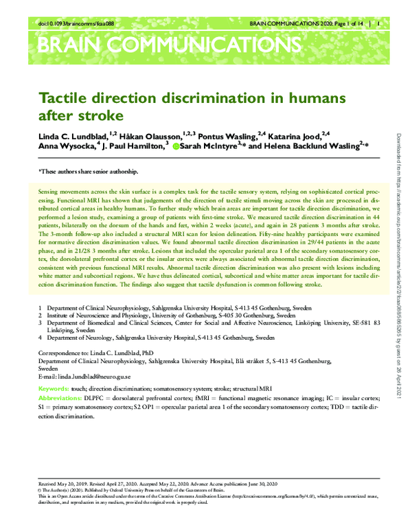 (PDF) Tactile direction discrimination in humans after stroke