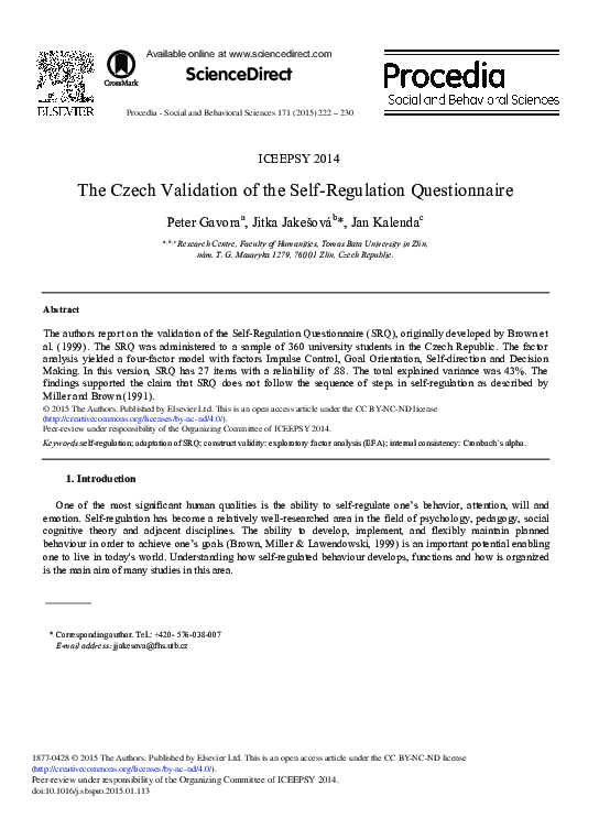 (PDF) The Czech Validation of the Self-regulation Questionnaire