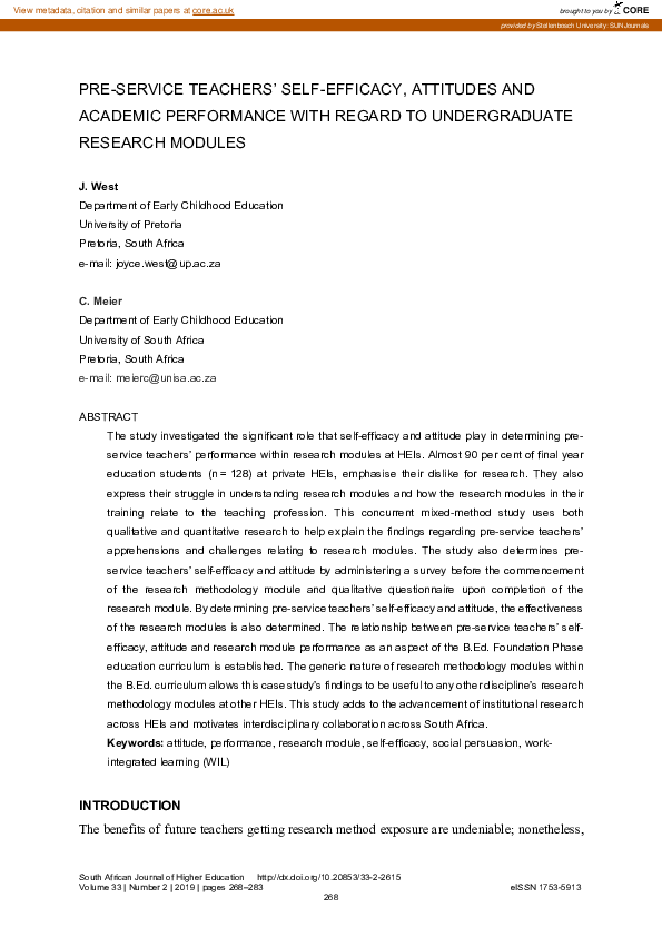 (PDF) Pre-service teachers’ self-efficacy, attitudes and academic performance with regard to ...