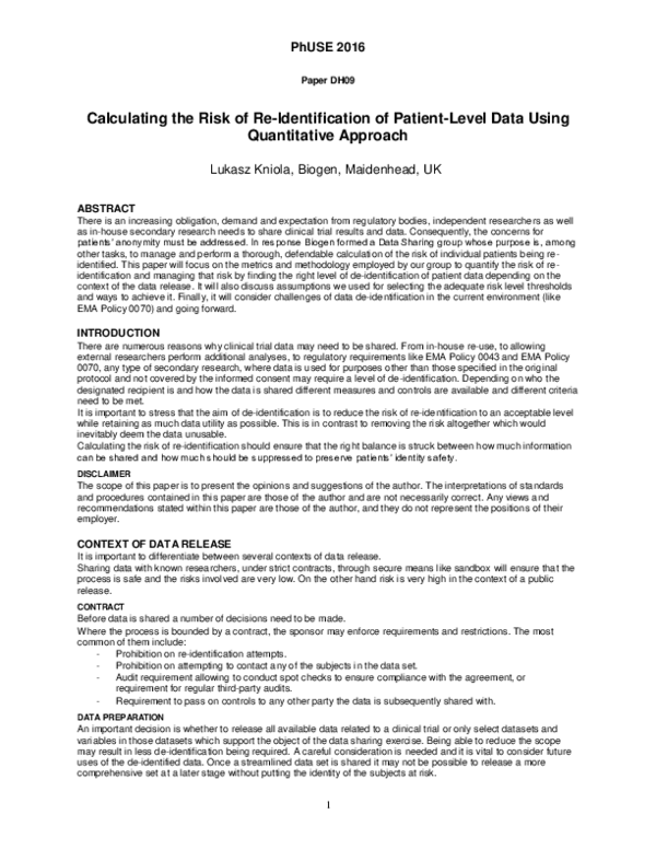 (PDF) Calculating the Risk of Re-Identification of Patient-Level Data ...