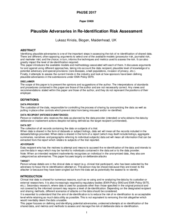 (PDF) Plausible Adversaries in Re-Identification Risk Assessment